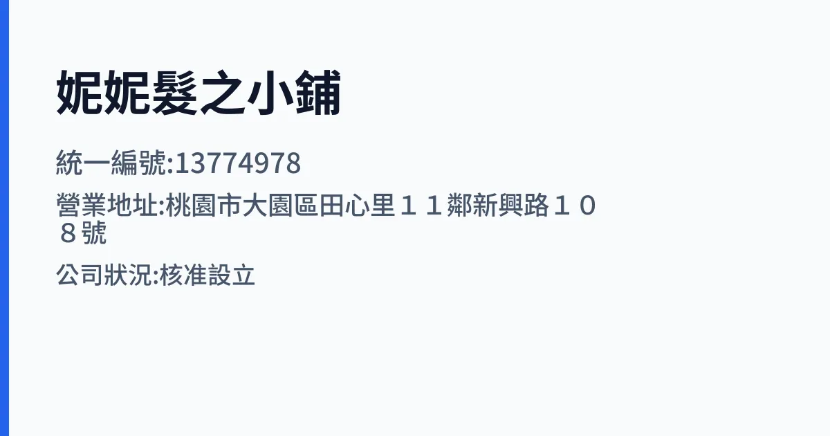 妮妮髮之小鋪 - 統編 13774978(桃園市) 公司登記資料與營業項目詳細圖表