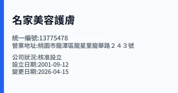 名家美容護膚的照片-統編 13775478(桃園市) 公司登記資料與營業項目詳細圖表