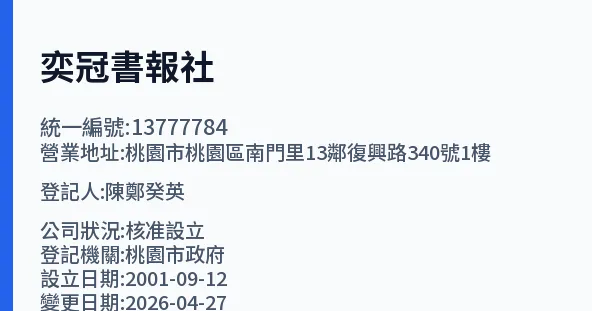 奕冠書報社的照片-統編 13777784(桃園市) 公司登記資料與營業項目詳細圖表