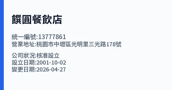 饌圓餐飲店的照片-統編 13777861(桃園市) 公司登記資料與營業項目詳細圖表