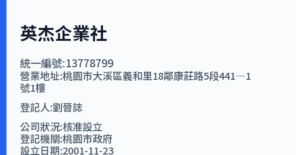 英杰企業社的照片-統編 13778799(桃園市) 公司登記資料與營業項目詳細圖表