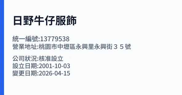 日野牛仔服飾的照片-統編 13779538(桃園市) 公司登記資料與營業項目詳細圖表
