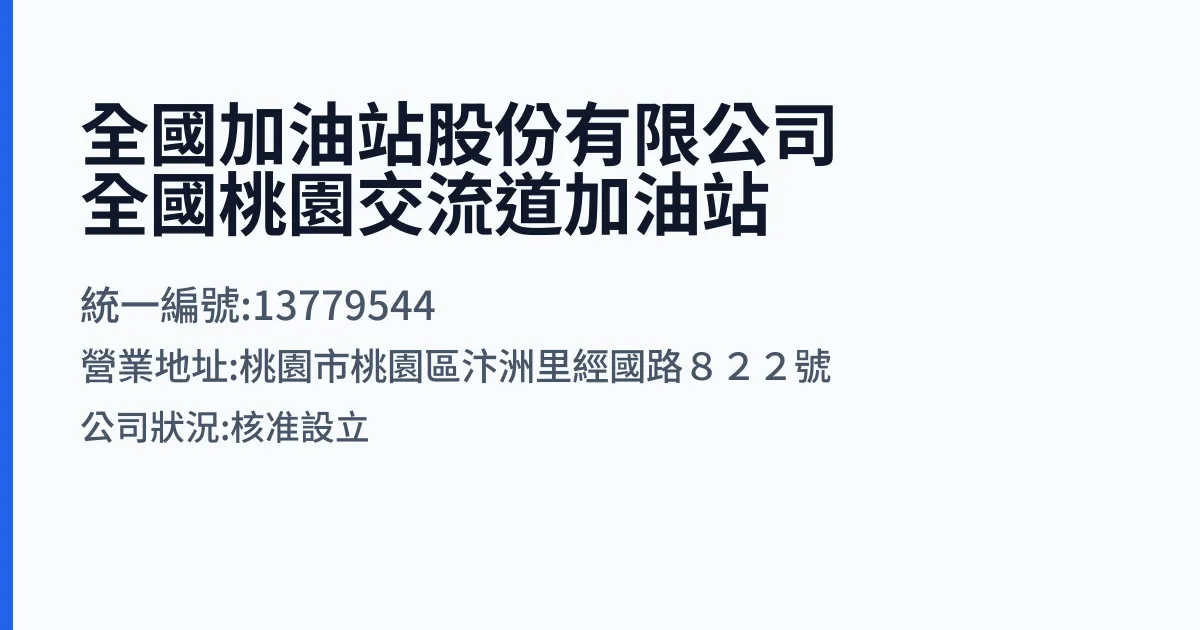 全國加油站股份有限公司全國桃園交流道加油站 - 統編 13779544（桃園市） 公司登記資料與營業項目詳細圖表