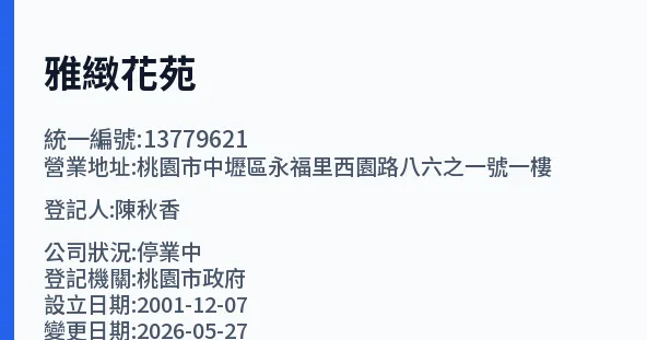 雅緻花苑的照片-統編 13779621(桃園市) 公司登記資料與營業項目詳細圖表