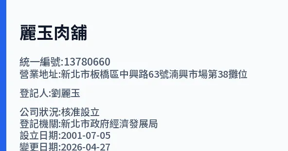麗玉肉舖的照片-統編 13780660(新北市) 公司登記資料與營業項目詳細圖表
