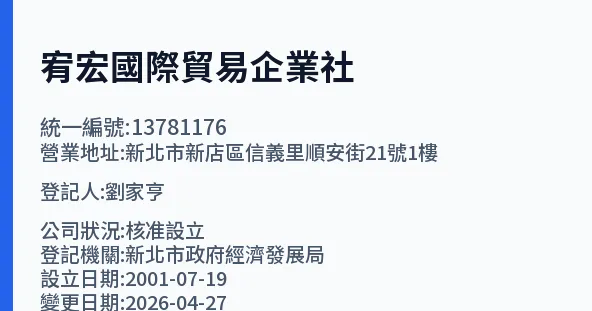 宥宏國際貿易企業社的照片-統編 13781176(新北市) 公司登記資料與營業項目詳細圖表