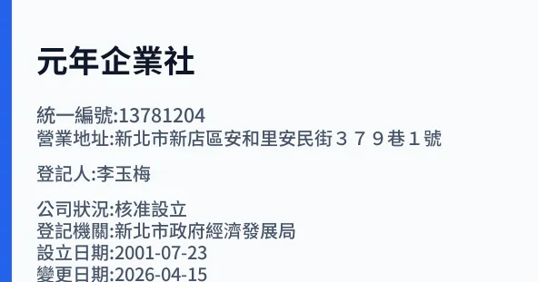元年企業社的照片-統編 13781204(新北市) 公司登記資料與營業項目詳細圖表