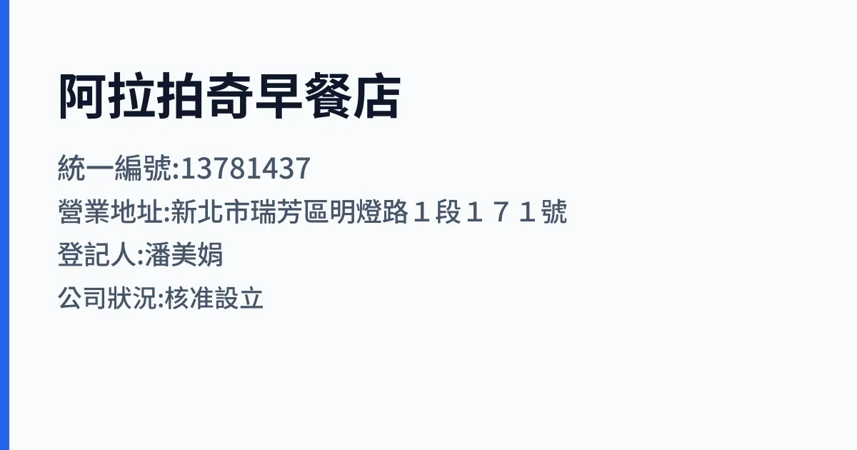 阿拉拍奇早餐店 - 統編 13781437(新北市) 公司登記資料與營業項目詳細圖表
