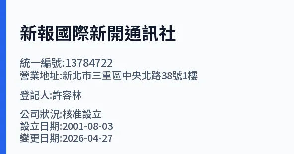 新報國際新開通訊社的照片-統編 13784722(新北市) 公司登記資料與營業項目詳細圖表