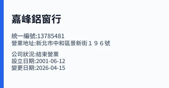 嘉峰鋁窗行的照片-統編 13785481(新北市) 公司登記資料與營業項目詳細圖表