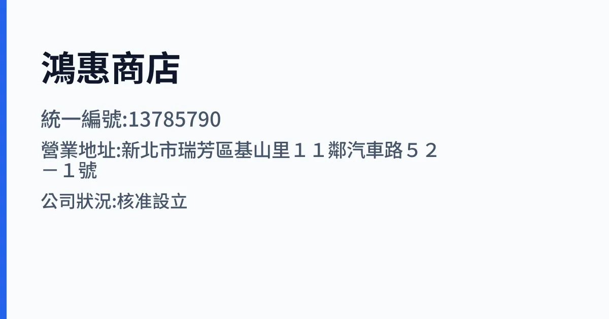 鴻惠商店 - 統編 13785790(新北市) 公司登記資料與營業項目詳細圖表