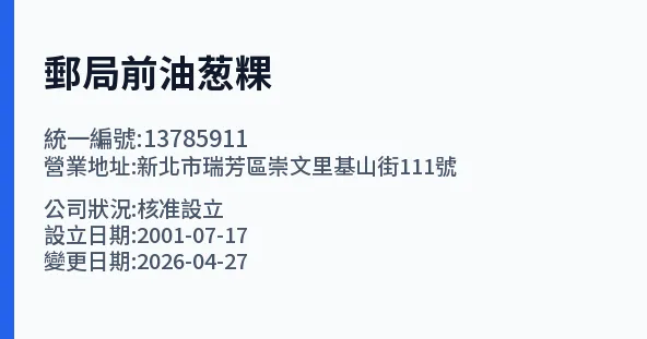 郵局前油葱粿的照片-統編 13785911(新北市) 公司登記資料與營業項目詳細圖表