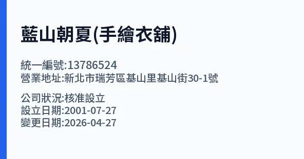 藍山朝夏(手繪衣舖)的照片-統編 13786524(新北市) 公司登記資料與營業項目詳細圖表