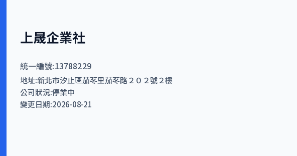 上晟企業社的照片-統編 13788229(新北市) 公司登記資料與營業項目詳細圖表