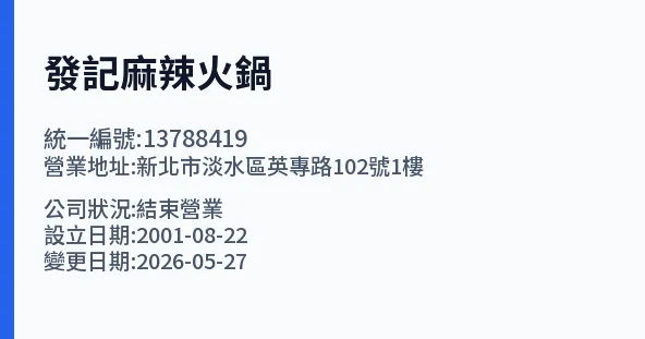 發記麻辣火鍋的照片-統編 13788419(新北市) 公司登記資料與營業項目詳細圖表