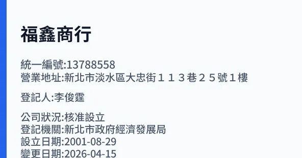 福鑫商行的照片-統編 13788558(新北市) 公司登記資料與營業項目詳細圖表