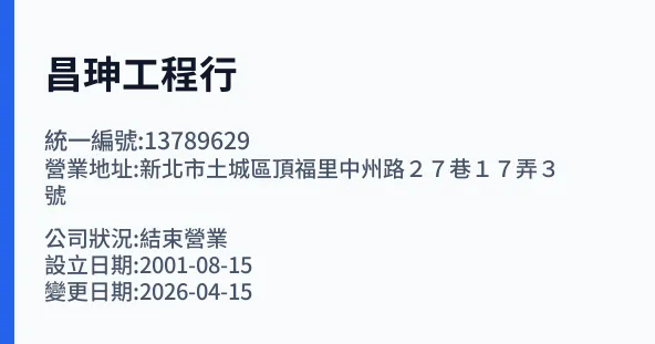昌珅工程行的照片-統編 13789629(新北市) 公司登記資料與營業項目詳細圖表