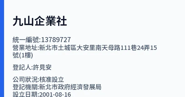 九山企業社的照片-統編 13789727(新北市) 公司登記資料與營業項目詳細圖表
