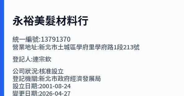 永裕美髮材料行的照片-統編 13791370(新北市) 公司登記資料與營業項目詳細圖表