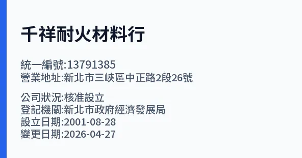千祥耐火材料行的照片-統編 13791385(新北市) 公司登記資料與營業項目詳細圖表