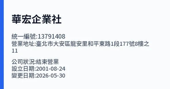 華宏企業社的照片-統編 13791408(臺北市) 公司登記資料與營業項目詳細圖表