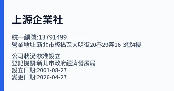 上源企業社的照片-統編 13791499(新北市) 公司登記資料與營業項目詳細圖表