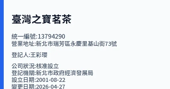 臺灣之寶茗茶的照片-統編 13794290(新北市) 公司登記資料與營業項目詳細圖表