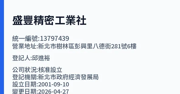 盛豐精密工業社的照片-統編 13797439(新北市) 公司登記資料與營業項目詳細圖表