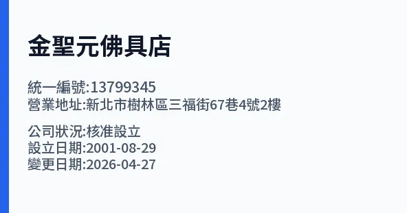 金聖元佛具店的照片-統編 13799345(新北市) 公司登記資料與營業項目詳細圖表