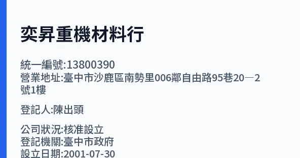 奕昇重機材料行的照片-統編 13800390(臺中市) 公司登記資料與營業項目詳細圖表