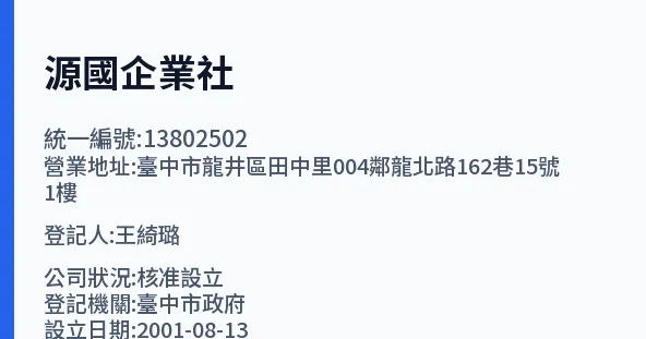 源國企業社的照片-統編 13802502(臺中市) 公司登記資料與營業項目詳細圖表