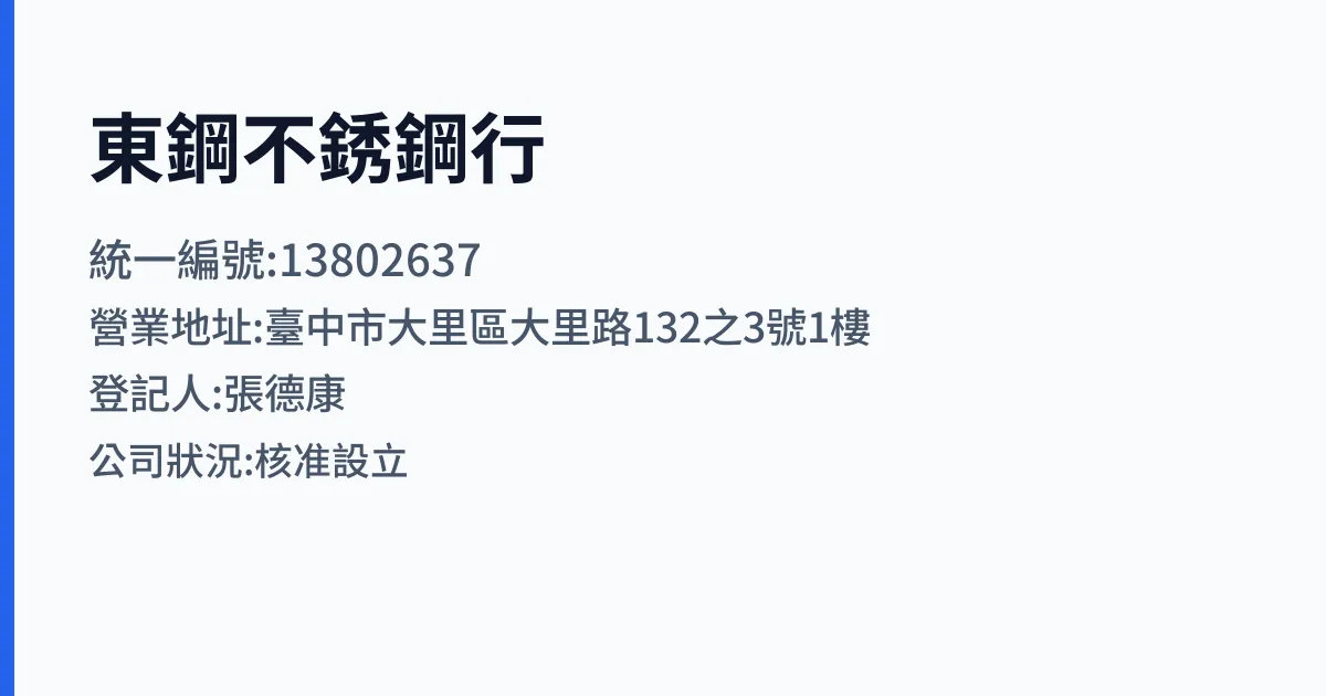 東鋼不銹鋼行 - 統編 13802637(臺中市) 公司登記資料與營業項目詳細圖表