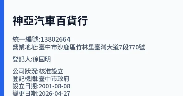神亞汽車百貨行的照片-統編 13802664(臺中市) 公司登記資料與營業項目詳細圖表