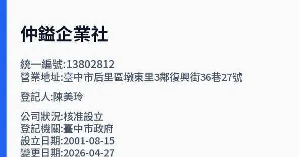 仲鎰企業社的照片-統編 13802812(臺中市) 公司登記資料與營業項目詳細圖表