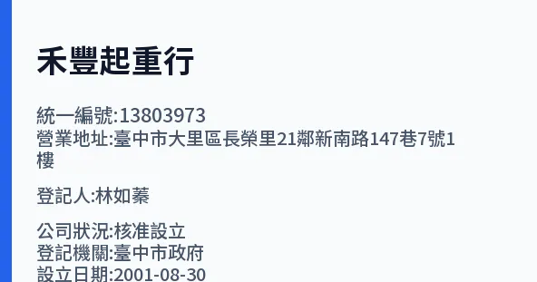 禾豐起重行的照片-統編 13803973(臺中市) 公司登記資料與營業項目詳細圖表