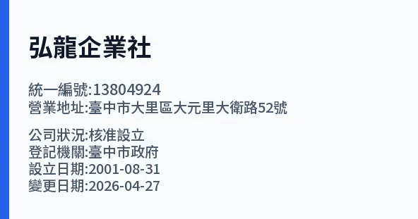 弘龍企業社的照片-統編 13804924(臺中市) 公司登記資料與營業項目詳細圖表