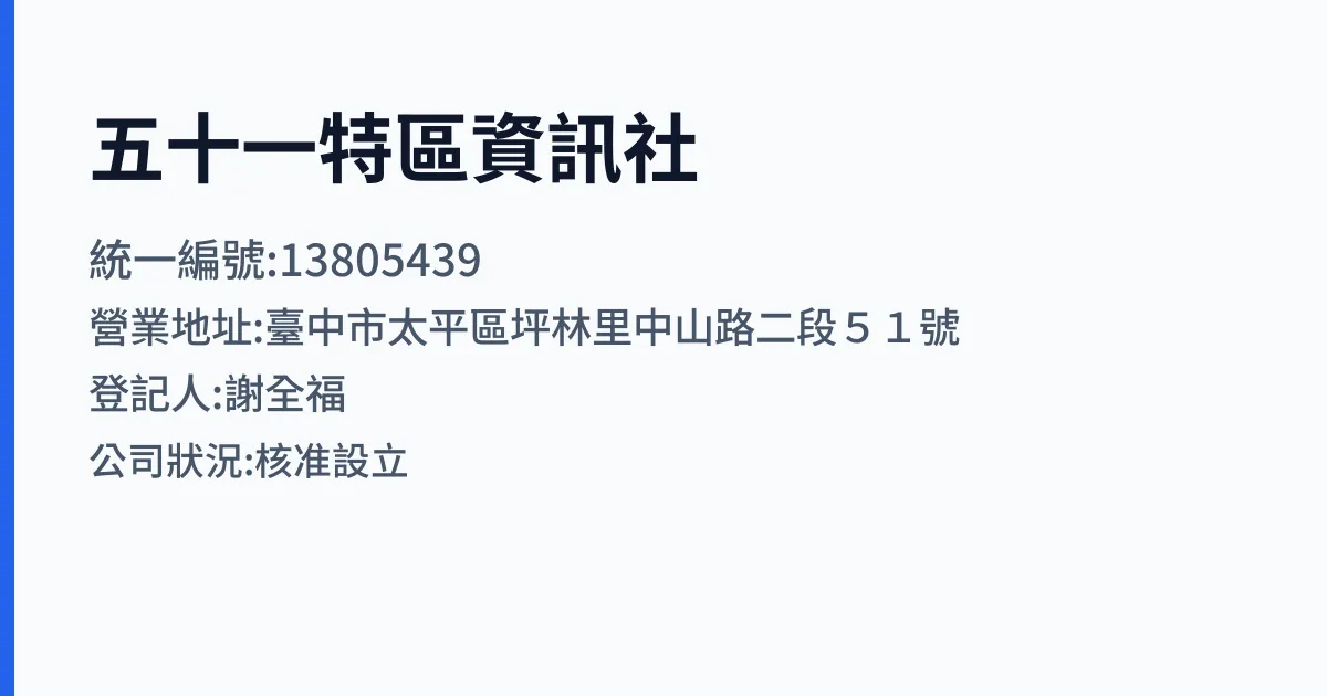 五十一特區資訊社 - 統編 13805439(臺中市) 公司登記資料與營業項目詳細圖表
