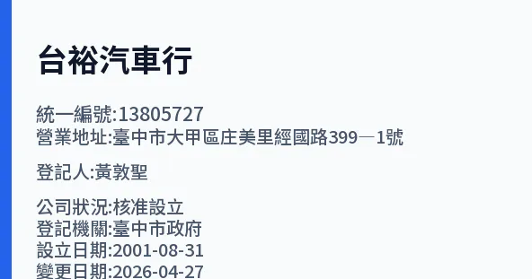 台裕汽車行的照片-統編 13805727(臺中市) 公司登記資料與營業項目詳細圖表