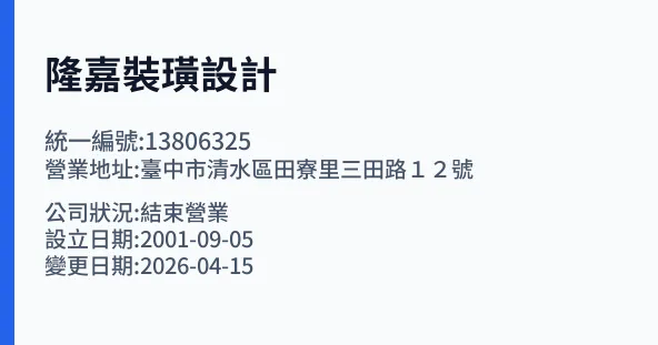 隆嘉裝璜設計的照片-統編 13806325(臺中市) 公司登記資料與營業項目詳細圖表