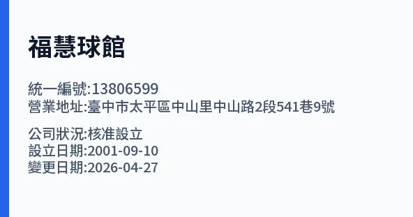 福慧球館的照片-統編 13806599(臺中市) 公司登記資料與營業項目詳細圖表