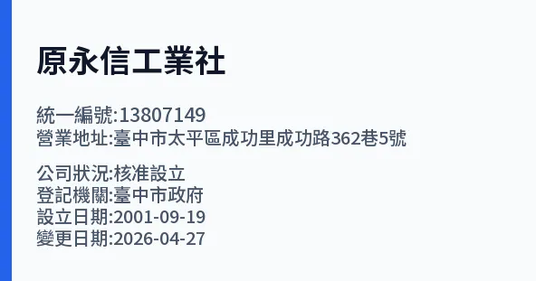 原永信工業社的照片-統編 13807149(臺中市) 公司登記資料與營業項目詳細圖表
