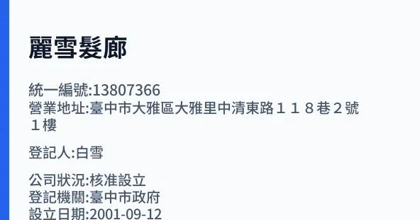麗雪髮廊的照片-統編 13807366(臺中市) 公司登記資料與營業項目詳細圖表