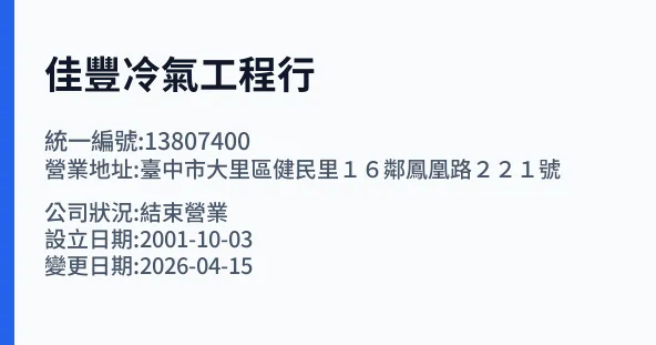 佳豐冷氣工程行的照片-統編 13807400(臺中市) 公司登記資料與營業項目詳細圖表