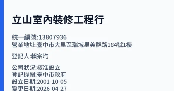 立山室內裝修工程行的照片-統編 13807936(臺中市) 公司登記資料與營業項目詳細圖表