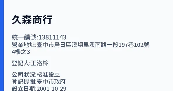 久森商行的照片-統編 13811143(臺中市) 公司登記資料與營業項目詳細圖表
