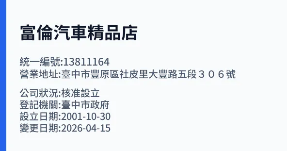 富倫汽車精品店的照片-統編 13811164(臺中市) 公司登記資料與營業項目詳細圖表