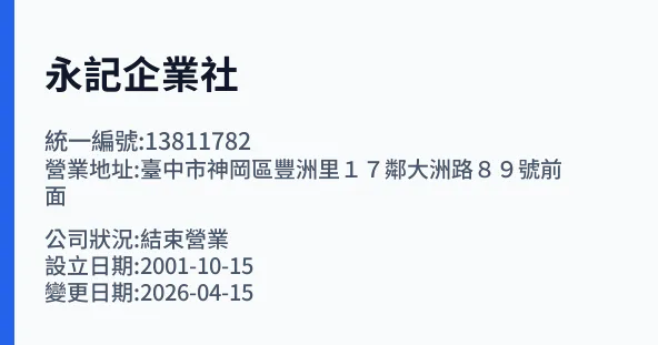 永記企業社的照片-統編 13811782(臺中市) 公司登記資料與營業項目詳細圖表