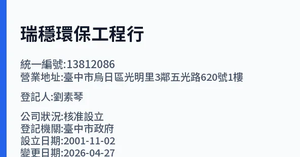 瑞穩環保工程行的照片-統編 13812086(臺中市) 公司登記資料與營業項目詳細圖表