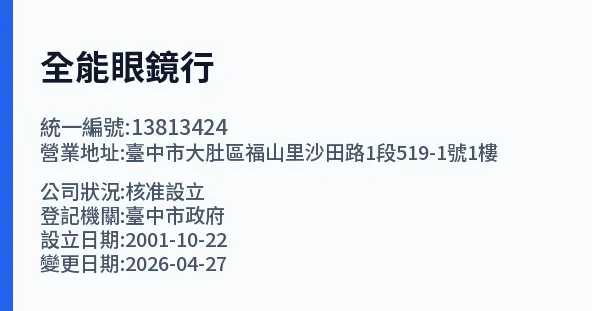 全能眼鏡行的照片-統編 13813424(臺中市) 公司登記資料與營業項目詳細圖表