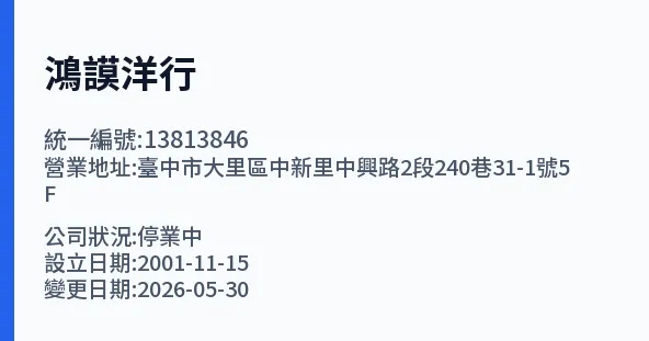 鴻謨洋行的照片-統編 13813846(臺中市) 公司登記資料與營業項目詳細圖表